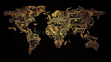 Futuristic World Map With Circuit Patterns On Black Background Stock