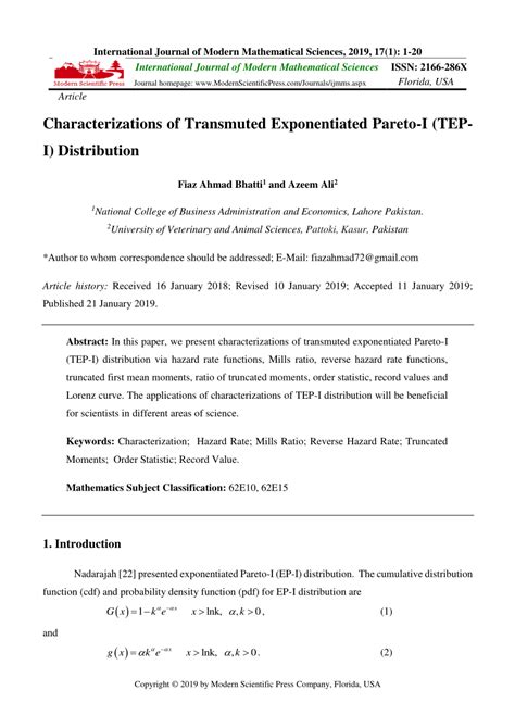 Pdf Characterizations Of Transmuted Exponentiated Pareto I Tep I