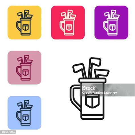 흰색 배경에 고립 된 클럽 아이콘블랙 라인 골프 가방 색상 정사각형 단추로 아이콘을 설정합니다 벡터 가방에 대한 스톡 벡터 아트 및 기타 이미지 Istock