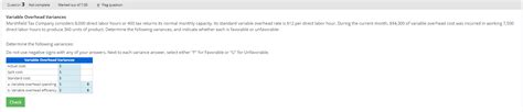 Solved Variable Overhead Variances Direct Labor Hours To