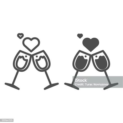 하트 라인과 단단한 아이콘안경 깜박이는 로맨스 샴페인 안경 삽화는 흰색에 고립되어 있습니다 사랑 하트와 두 와인 안경 개요 스타일 디자인 웹 및 응용 프로그램을 위해 설계