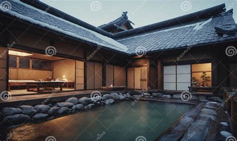 A Traditional Japanese House With A Hot Spring Bath In The Courtyard