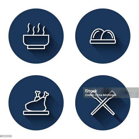 라멘 수프 그릇 스시 구운 칠면조 또는 닭고기 긴 그림자가 있는 음식 젓가락을 설정합니다 파란색 원 버튼입니다 벡터 0명에 대한 스톡 벡터 아트 및 기타 이미지 Istock