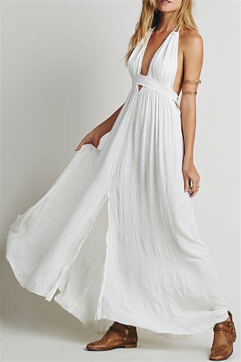White Halter Deep V Neck Backless Maxi Dress White Maxi Dresses Zaful