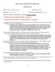 PSU SCM Exam Part Spring Docx PENN STATE UNIVERSITY ABINGTON SPRING