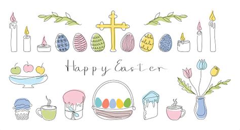 부활절 부활절 케이크 달걀 양초 십자가 머그잔 꽃 컵케이크와 같은 디자인 요소가 있는 연속적인 한 줄 스타일로 설정합니다 흰색 바탕에 컬러 벡터입니다 클립아트 행복한 부활절