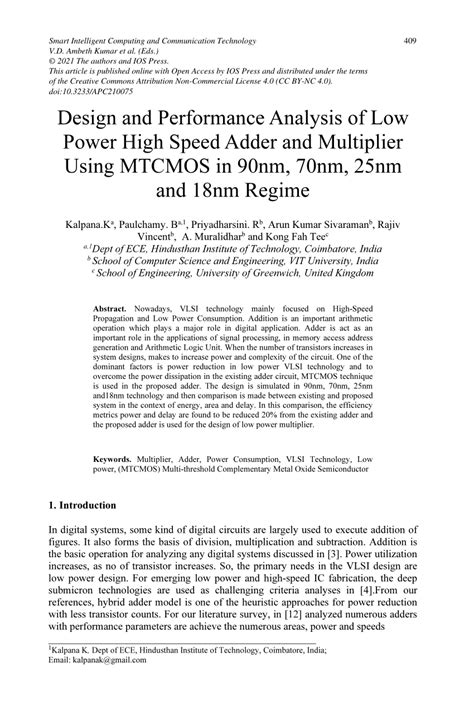Pdf Design And Performance Analysis Of Low Power High Speed Adder And