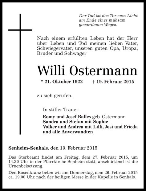 Traueranzeigen Von Willi Ostermann Rz Trauerde