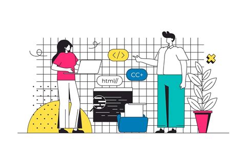 Programming Outline Web Concept In Modern Flat Line Design Woman And Man Working With