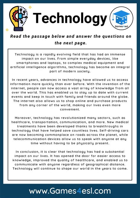 Technology Reading Comprehension Worksheet Games4esl