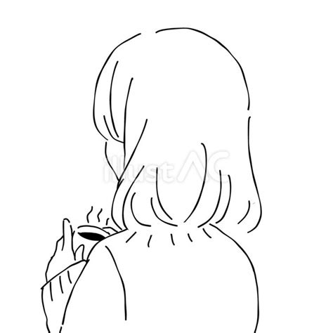 カップを持つ女性の後ろ姿の線画イラストイラスト No 23261119｜無料イラスト・フリー素材なら「イラストac」