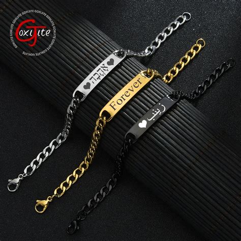 Goxijite Fashion Engrave Name Custom Bracelets Stainless Steel Thick