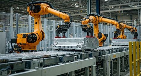 modern ev factory robot arms transporting battery modules in automated