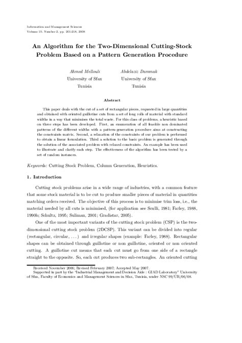 pdf an algorithm for the two dimensional cutting stock problem based on a pattern generation