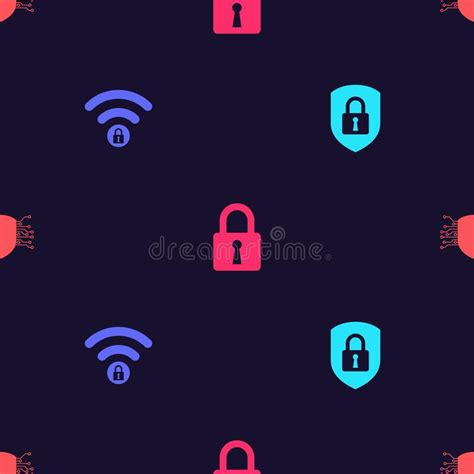 Set Shield Security With Lock Wifi Locked Lock And Cyber On Seamless