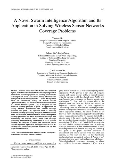 Pdf A Novel Swarm Intelligence Algorithm And Its Application In Solving Wireless Sensor