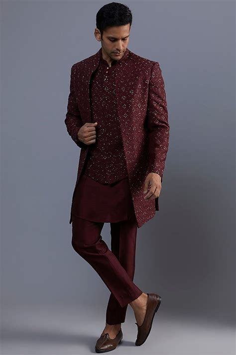 Wine Red Silk Hand Embroidered Indo Western Set By Sven Suits At Pernia