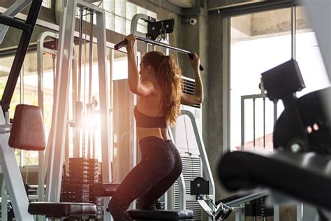 현대적인 체육관에서 밖으로 일 하는 젊은 여자를 폐쇄 태양 플레어 효과와 장비에 반영 건강한 생활방식에 대한 스톡 사진 및 기타 이미지 건강한 생활방식 근육질 체격