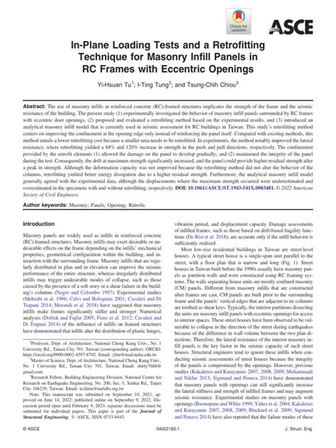 Tu Et Al 2022 In Plane Loading Tests And A Retrofitting Techniqu