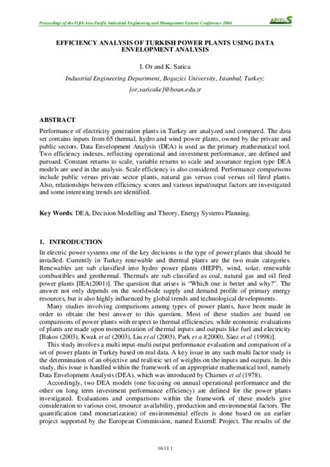 Pdf Efficiency Assessment Of Turkish Power Plants Using Data Envelopment Analysis