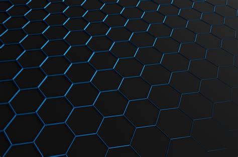 파란색 육각형이 있는 미래 표면의 추상 3d 렌더링 검은 공상 과학 배경입니다 프리미엄 사진