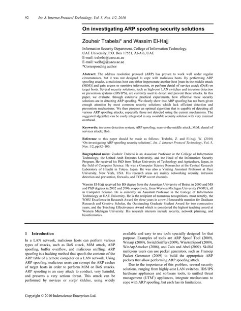 Pdf On Investigating Arp Spoofing Security Solutions