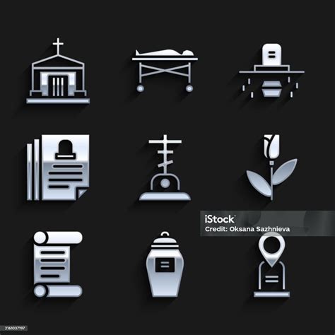 십자가 장례식 항아리 위치 무덤 꽃 장미 법령 양피지 두루마리 사망 증명서 관 및 오래 된 지하실 아이콘과 무덤 세트를 놓으십시오 벡터 0명에 대한 스톡 벡터 아트 및 기타