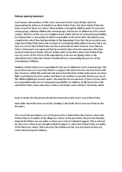 Defence Opening Statement Defence Opening Statement Your Honour And Members Of This Court My