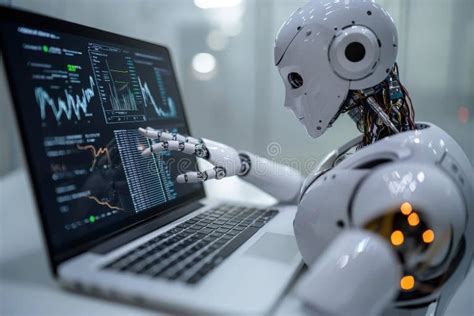 Humanoid Robot Working With Data Analysis On A Laptop In Modern