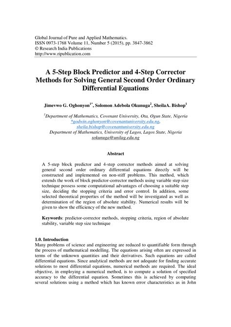 Pdf A 5 Step Block Predictor And 4 Step Corrector Methods For Solving