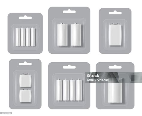 패키지 배터리 팩 전자 에너지 힘 금속 알칼리성 위탁 콘테이너를 가진 에너지를 가진 골판지 물집 점잖은 벡터 현실적인 삽화