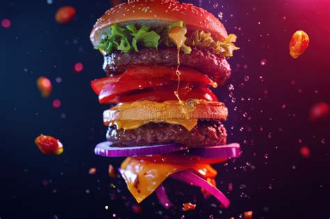 Floating Burger Showcase With Colorful Ingredients Suspended In Mid Air