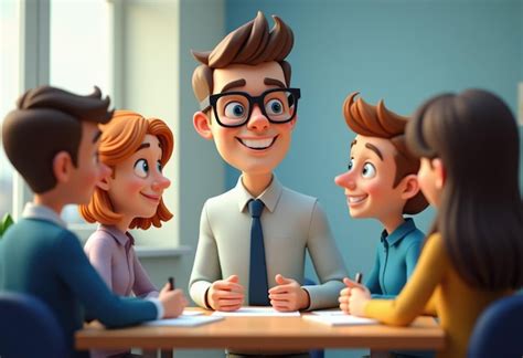 A Group Of Four Cartoon Characters Having A Meeting At A Table