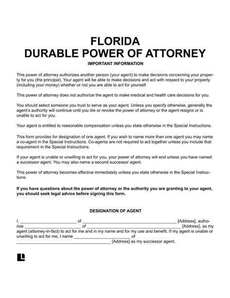 Florida Durable Power Of Attorney Form Florida Bar Power Of Attorney