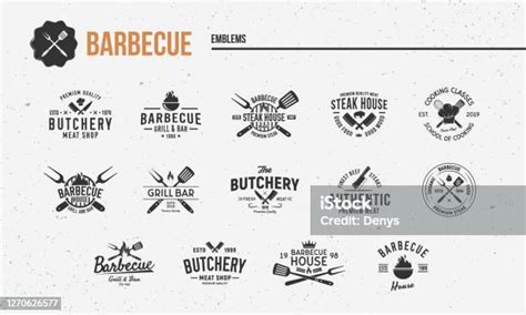 바베큐 스테이크 하우스 빈티지 로고 세트 14 개의 바베큐 레스토랑 로고 템플릿 세트 트렌디 한 바베큐 그릴 엠블럼 라벨 포스터 레스토랑 바베큐 스테이크 하우스 고기 가게