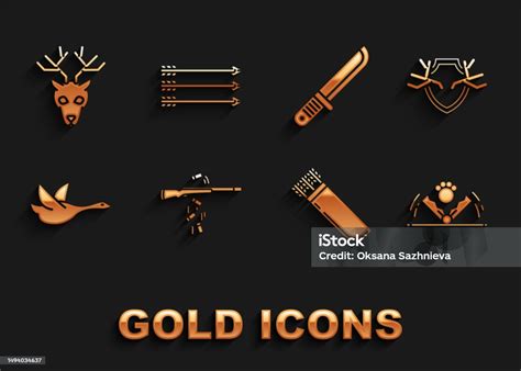 총 사격 방패에 사슴 뿔 함정 사냥 화살로 떨림 날아 다니는 오리 사냥꾼 칼 머리 및 힙 스터 아이콘을 설정하십시오 벡터 강철에 대한 스톡 벡터 아트 및 기타 이미지