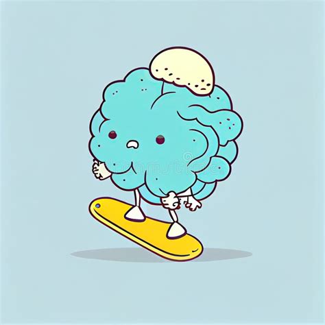 Cute Brain Cartoon Character On A Snowboard Cartoon Style Modern