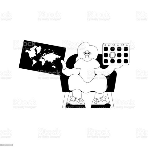 활력이 넘치는 여성은 세계 차트와 달력을 들고 있습니다 관광 과목 희미하고 하얀 선의 장인 정신 트렌디한 스타일 벡터 일러스트레이션 1월에 대한 스톡 벡터 아트 및 기타