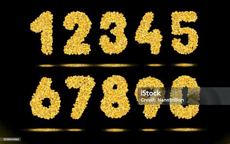 단순히 검은 색 어두운 배경에 황금 질감 부스러기의 숫자 세트입니다 물체 금가루 흩어짐 디자인을 위한 일러스트레이션 질감 입자 입자 또는 모래 샤드 조각 추상화 0명에 대한