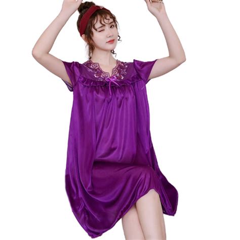 Women Ice Silk Midi Nightdress Short Sleeve V Neck Grandado