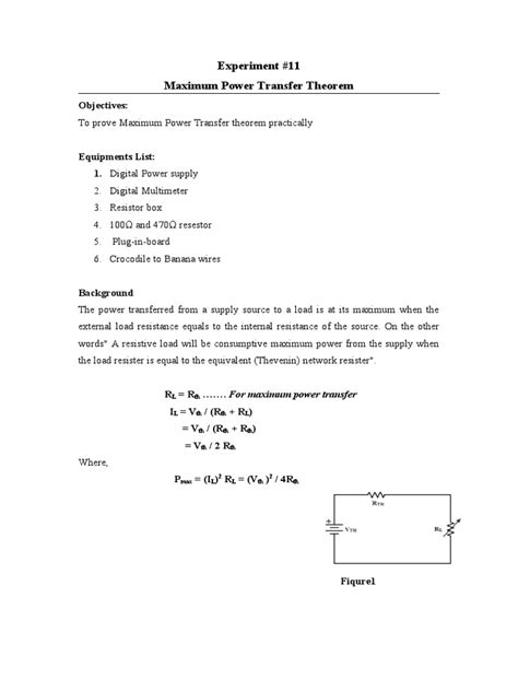 Experiment 11 Maximum Power Transfer Theorem Objectives Pdf Electrical Resistance And