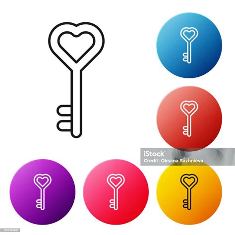 흰색 배경에 격리 된 하트 모양 아이콘의 검은 색 선 키입니다 발렌타인 아이콘 다채로운 원 버튼을 설정합니다 벡터 일러스트레이션 개념에 대한 스톡 벡터 아트 및 기타 이미지