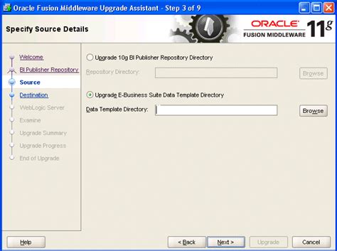 A Oracle Business Intelligence Upgrade Assistant Screens