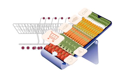흰색 배경에 스마트 폰 플랫 벡터 일러스트에 온라인 신선한 야채 가게 현대 상점 응용 프로그램과 광고 배너 전단지 디자인 가정의 방에 대한 스톡 벡터 아트 및 기타 이미지