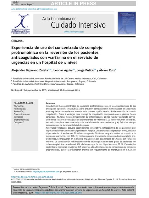 Pdf Experience In The Use Of Prothrombin Complex Concentrates In Anticoagulation Reversal With