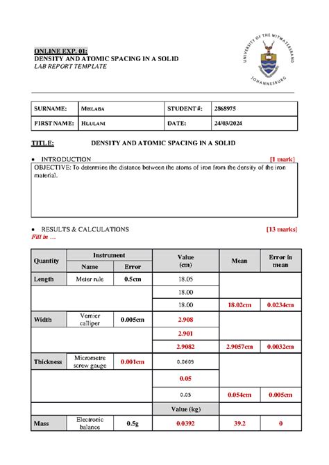 Online Exp01 Density Atomic Spacing Lab Report Template 2 ONLINE EXP 01 DENSITY AND