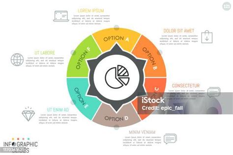 텍스트 상자와 기호를 가리키는 화살표가있는 6 개의 문자가있는 섹터로 나뉘어진 둥근 다이어그램 간단한 인포 그래픽 디자인 레이아웃 0명에 대한 스톡 벡터 아트 및 기타