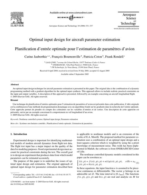 Pdf Optimal Input Design For Aircraft Parameter Estimation