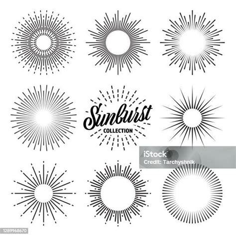 빈티지 선버스트 컬렉션 폭발하는 태양 광선 불꽃놀이 로고 타입 또는 글자 디자인 요소 방사형 일몰 광선 벡터 일러스트레이션 개체 그룹에 대한 스톡 벡터 아트 및 기타 이미지