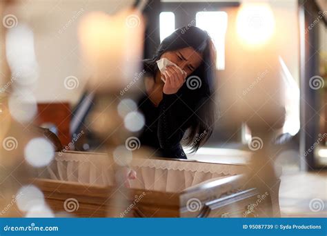 Woman With Coffin Crying At Funeral In Church Stock Image Image Of